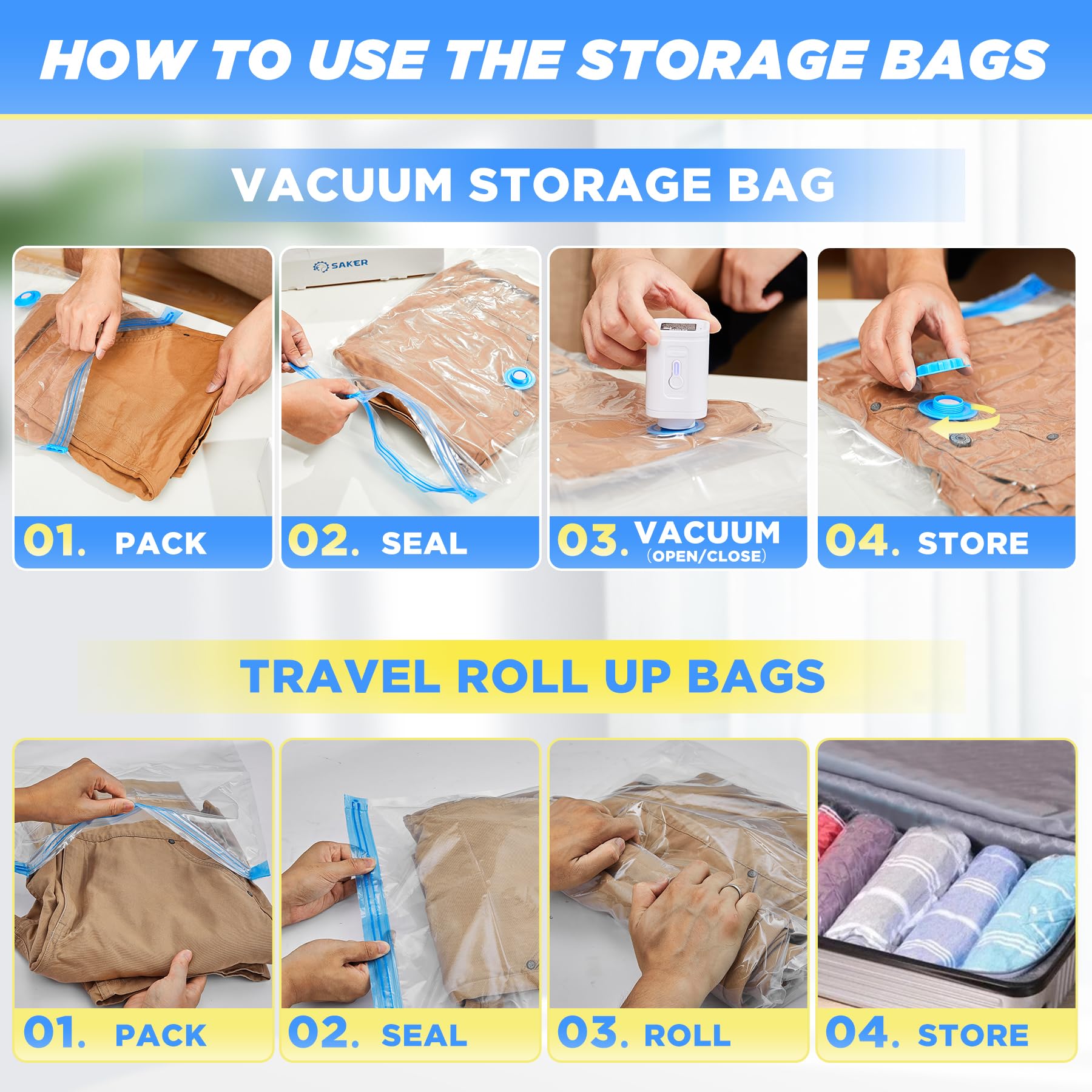 Saker Vacuum Storage Bags with Electric Pump, Space Bags Vacuum Storage Bags, 2-in-1 Pumping and Inflation, 15 Pack (3 Jumbo,3 Large,3 Medium,3 Small,3 Roll Up Bags) for Clothes, Bedding, Travel