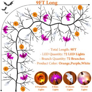 9FT 72 LED Halloween Decorations Willow Vine Twig Garland with 8 Modes Orange Purple White Lights & Timer & 8 Pumpkin Bat Ghost,Battery Operated Halloween Garland for Mantel Table Indoor Home Decor