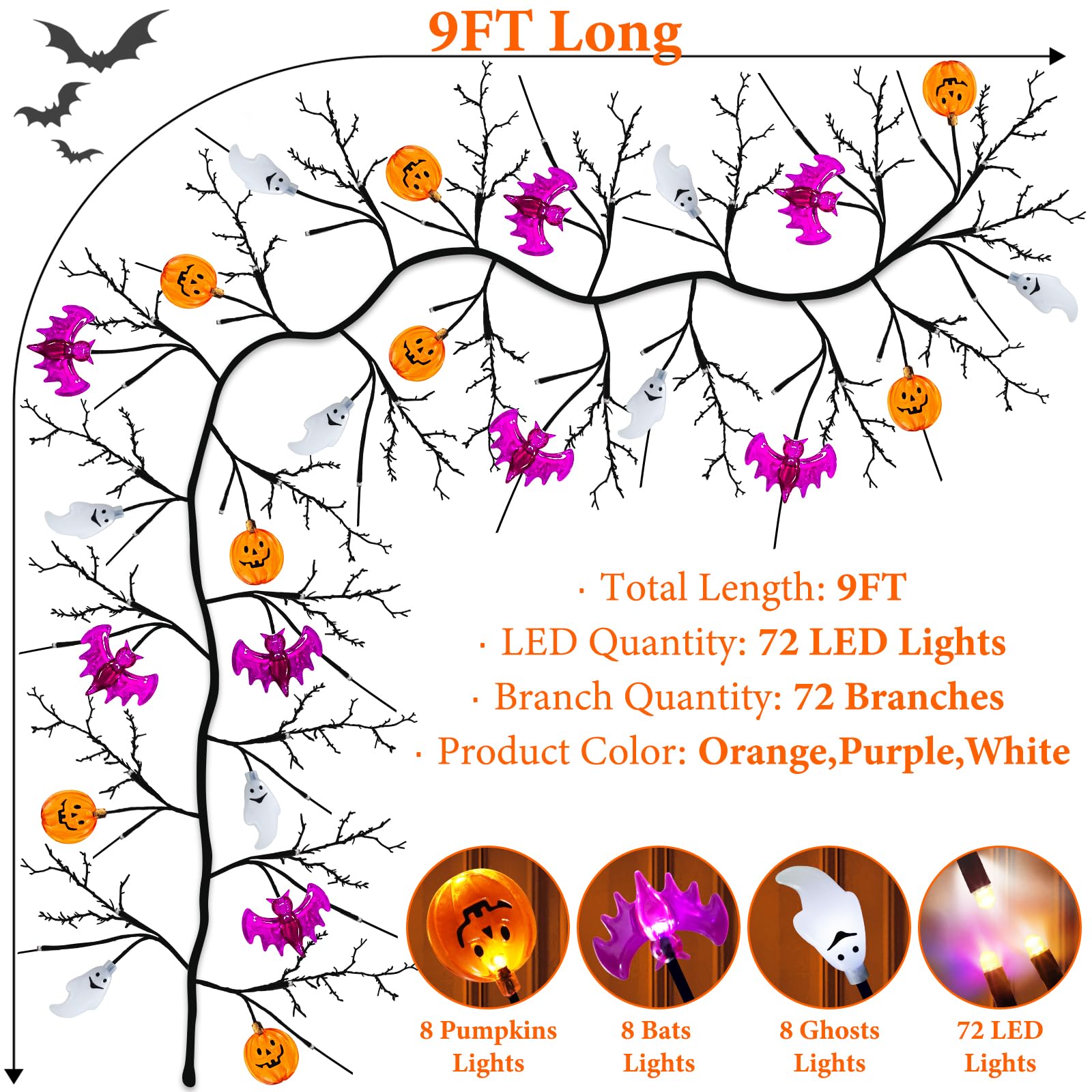 9FT 72 LED Halloween Decorations Willow Vine Twig Garland with 8 Modes Orange Purple White Lights & Timer & 8 Pumpkin Bat Ghost,Battery Operated Halloween Garland for Mantel Table Indoor Home Decor