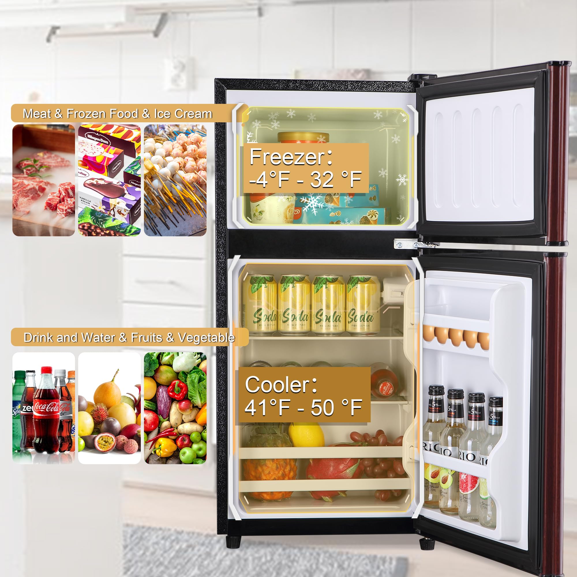 OOTDAY 3.4 Cu.Ft Compact Refrigerator, Small Fridge with Double Door, Apartment Size Refrigerator with 7 Level Adjustable Thermostat Control Perfect for Kitchen Dorm Apartment Office Wood