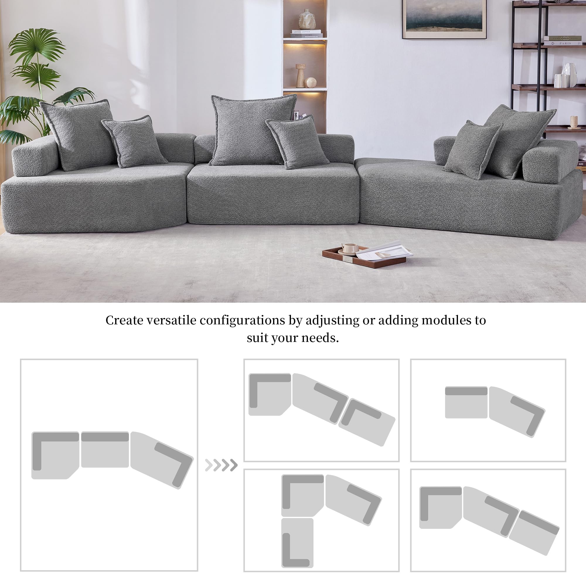 LUMISOL 3 Piece Modular U Shaped Boucle Floor Couch Set, Spacious Sectional Sofa Couch for Living Room, Foam-Filled Sofa Bed for Apartment Office, Convertible Sleeper Couch, Gray