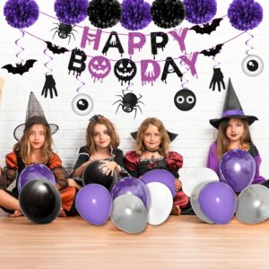 Halloween Birthday Party Decorations Balloon Banner Paper Pompom Cake Topper Hanging Swirl for Halloween Happy Boo Day Party Supplies