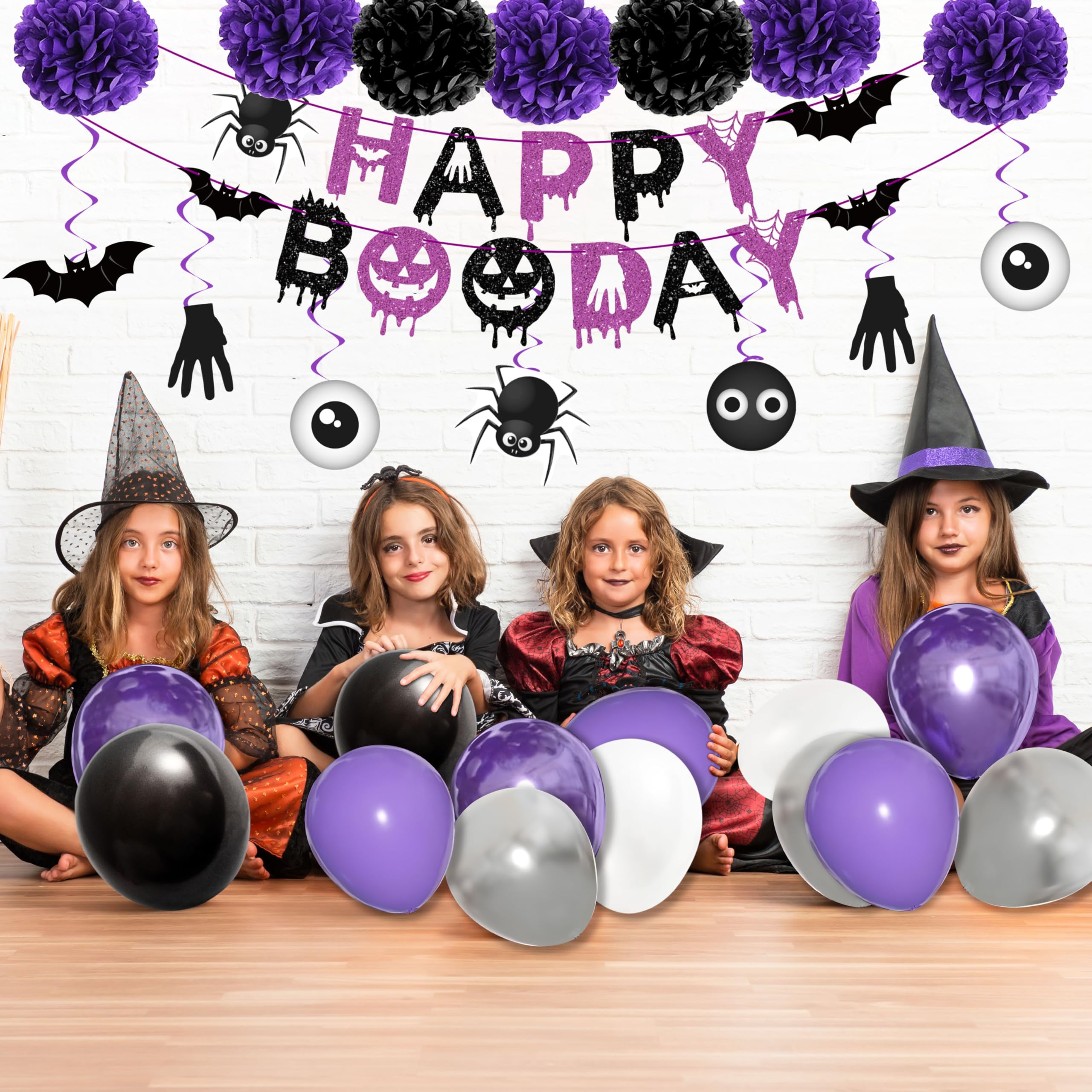 Halloween Birthday Party Decorations Balloon Banner Paper Pompom Cake Topper Hanging Swirl for Halloween Happy Boo Day Party Supplies