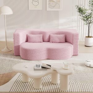 Tmsan 78" Teddy Loveseat Sofa Cloud Couch, 2 in 1 Convertible Sleeper Sofa Bed Full Size, Modern Boucle Floor Sofa Guest Bed with 2 Pillows for Living Room Apartment Office (Pink)