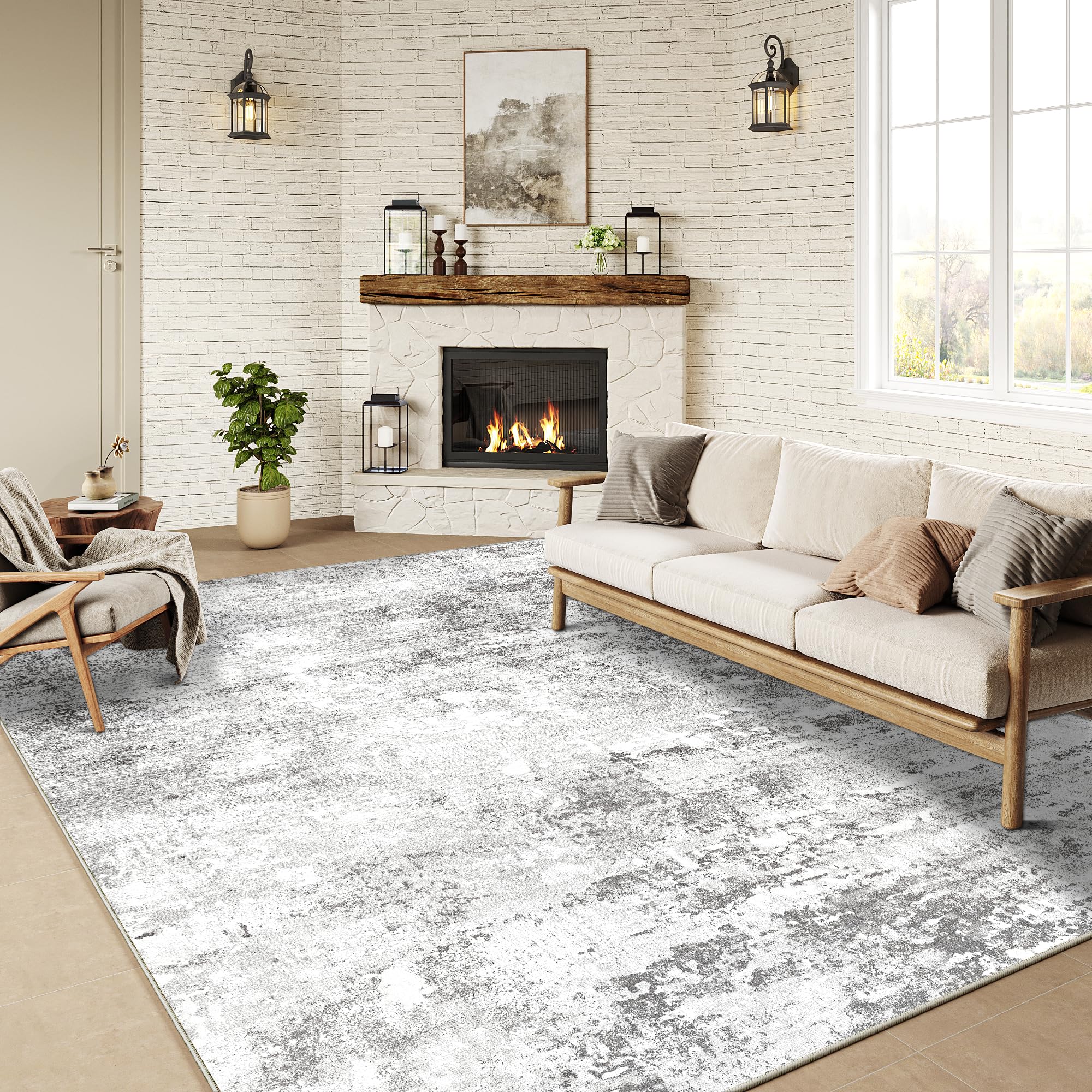 HUGEAR 6x9 Area Rug Grey Living Room Washable Rug Indoor Accent Rug Modern Abstract Non Slip Low Pile Carpet Distressed Large Throw Rug for Bedroom Office Dining Room