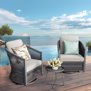 rockingrun 3 pieces outdoor swivel rocker chair set of 2,outdoor patio glider chair rattan with steel side table,soft cushions,outdoor patio furniture sets for outside deck porch garden,dark grey