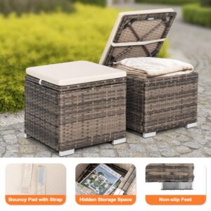 Nuu Garden 2-Piece Outdoor Patio Ottomans, All Weather Rattan Wicker Ottoman Seat with Storage, Outdoor Footstool Footrest Seat with Removable Cushion, for Patio, Backyard, Side Table, Brown and Beige