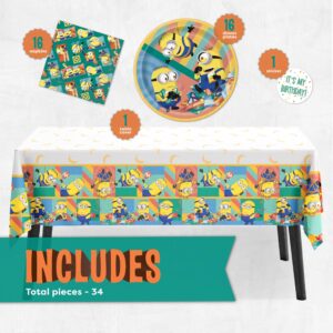 Unique Minions Birthday Party Decorations | Tablecover, Plates and Napkins for 16 | Minion Birthday Party Decorations | Officially Licensed