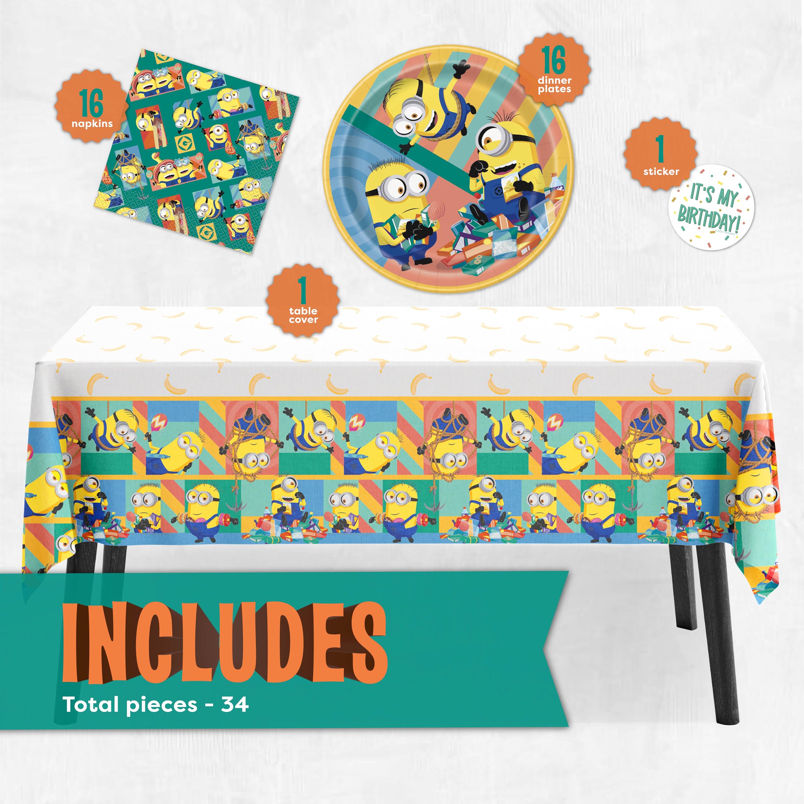 Unique Minions Birthday Party Decorations | Tablecover, Plates and Napkins for 16 | Minion Birthday Party Decorations | Officially Licensed