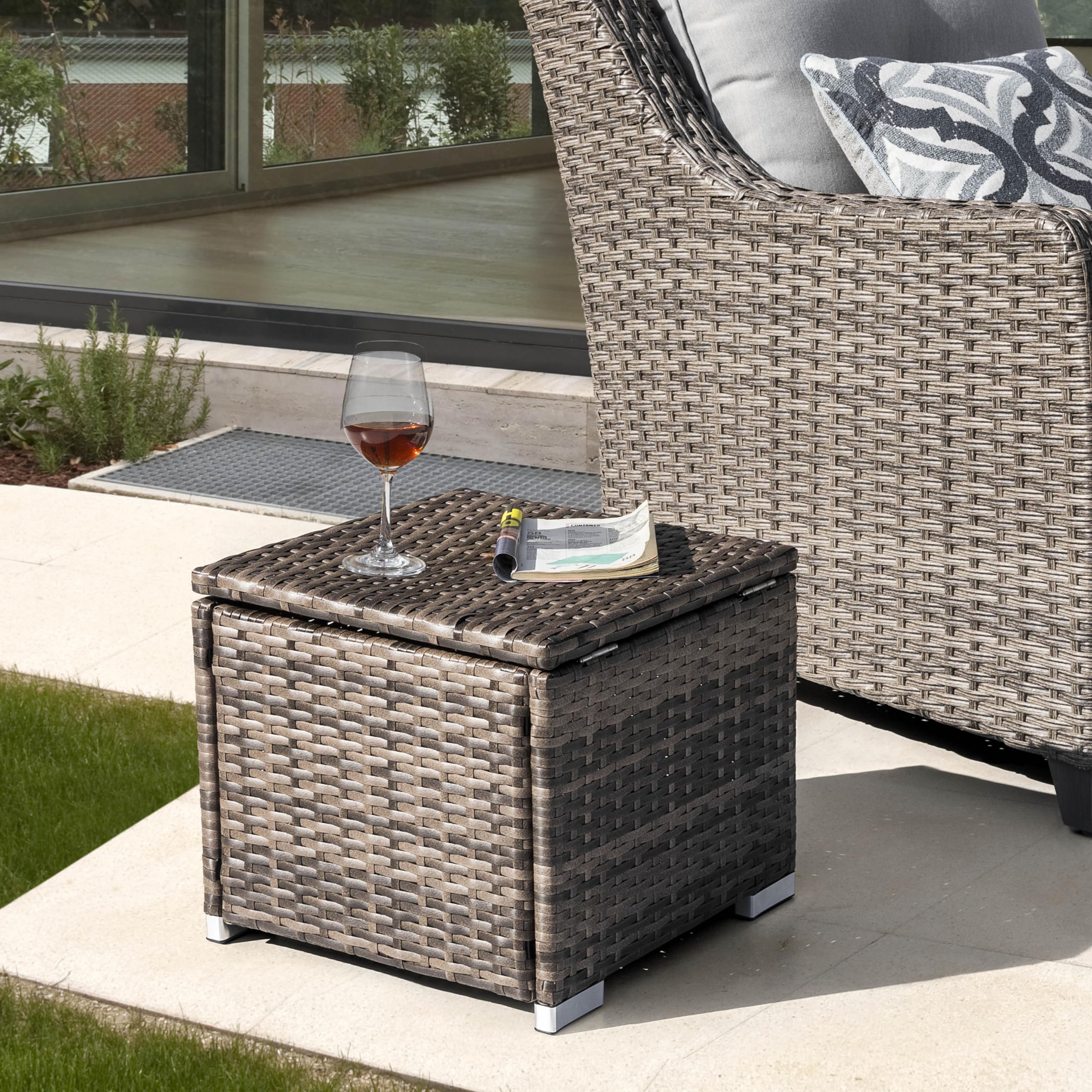 Nuu Garden 2-Piece Outdoor Patio Ottomans, All Weather Rattan Wicker Ottoman Seat with Storage, Outdoor Footstool Footrest Seat with Removable Cushion, for Patio, Backyard, Side Table, Brown and Beige