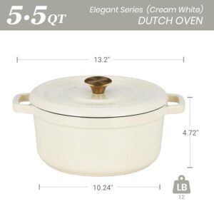 Overmont Enameled Cast Iron Dutch Oven - 5QT Pot with Lid Cookbook & Cotton Potholders - Heavy-Duty Cookware for Braising, Stews, Roasting, Bread Baking white