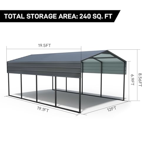 12x20 Ft Metal Carport, Heavy Duty Car Port with Galvanized Steel Roof, Outdoor Car Garage, Large Carport Canopy, Steel Car Shelter for Car, Boats and Truck, Charcoal Black