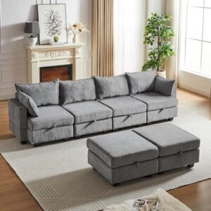 FANYE U-Shaped Oversized Free Modular Storage Sectional Sofa Soft Corduroy Upholstered Deep Seat Lounge Sofa&Couch Convertible Sleeper Couch Bed W/2 Pillows for Living Room/Downstair