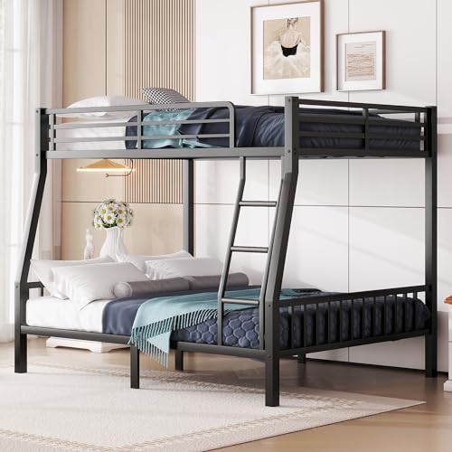 Miscoos Full XL Over Queen Bunk Beds for Adults, Heavy-Duty Metal Bunk Bed Frame with PVC Rubber Cover Ladders and Safety Full-Length Guardrails for Kids Teens Adults, Space-Saving, Black