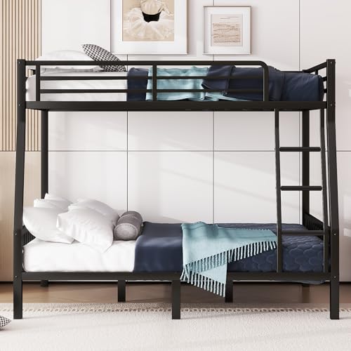 Miscoos Full XL Over Queen Bunk Beds for Adults, Heavy-Duty Metal Bunk Bed Frame with PVC Rubber Cover Ladders and Safety Full-Length Guardrails for Kids Teens Adults, Space-Saving, Black