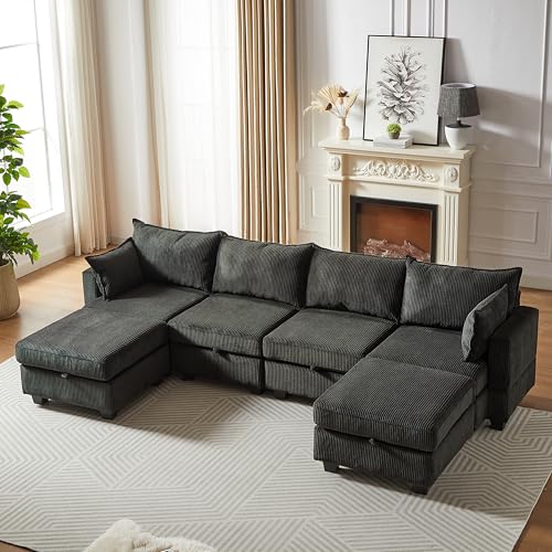 FANYE L/U-Shaped Oversized Free Combination Modular Storage Sectional Sofa Soft Corduroy Upholstered Deep Seat Sofa&Couch Convertible Sleeper Couch Bed W/2 Pillows for Living Room