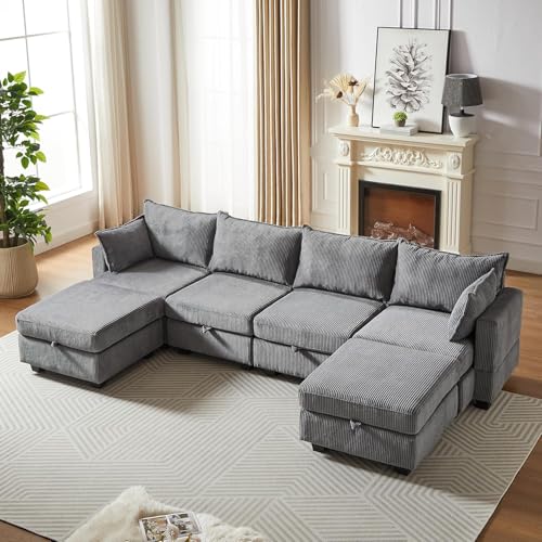 FANYE U-Shaped Oversized Free Modular Storage Sectional Sofa Soft Corduroy Upholstered Deep Seat Lounge Sofa&Couch Convertible Sleeper Couch Bed W/2 Pillows for Living Room/Downstair