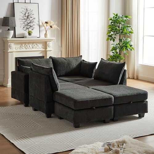 FANYE L/U-Shaped Oversized Free Combination Modular Storage Sectional Sofa Soft Corduroy Upholstered Deep Seat Sofa&Couch Convertible Sleeper Couch Bed W/2 Pillows for Living Room