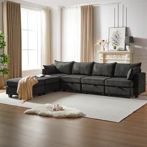 FANYE L/U-Shaped Oversized Free Combination Modular Storage Sectional Sofa Soft Corduroy Upholstered Deep Seat Sofa&Couch Convertible Sleeper Couch Bed W/2 Pillows for Living Room