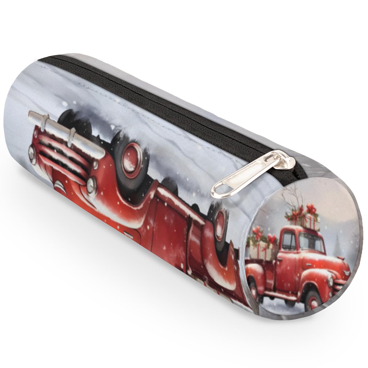 GzLeyigou Round Pencil Case Pen Bag Pouch Holder Christmas Red Truck Stationery Organizer Pencil Bag with Zipper Pencil Pouch Storage Box Cosmetic Organizer Makeup Brush Bag