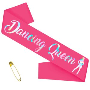 dancing queen sash with iridescent foil, hot pink disco bachelorette party sash for bridal shower, birthday sash for girls women, mamma mia party sash decorations(hot pink + iridescent)