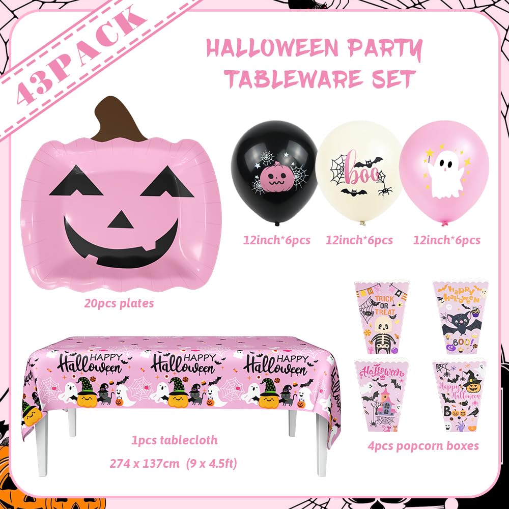 AIBIIN Pink Halloween Party Decorations for Girl Pumpkin Paper Plates Halloween Tableware Popcorn Box Balloons Set Halloween Baby Shower Booday Party Supplies Halloween Girls Night Party Decorations