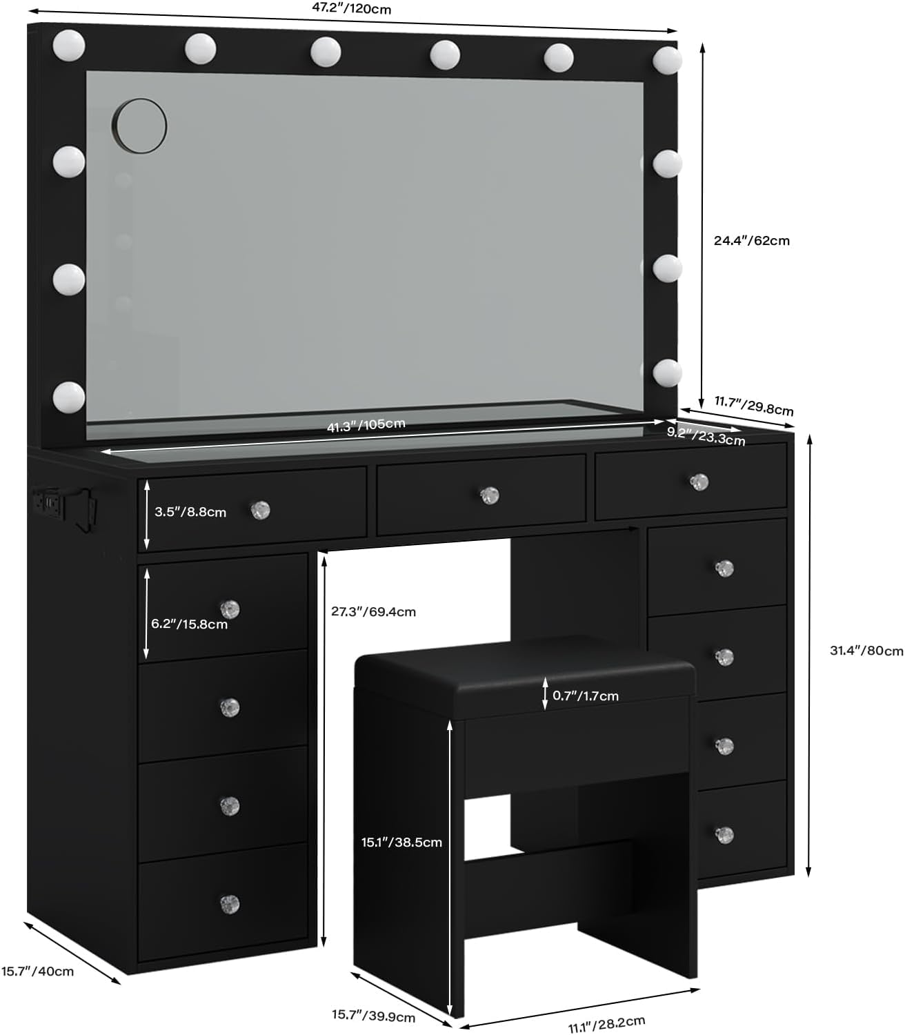 FUSOU Vanity Desk with Power Outlet, Makeup Vanity with Mirror and 12 LED Lights, 3 Lighting Modes,11 Drawers Vanity Table with Chair, Glass Top, Vanity Set for Bedroom,Dressing Room (Black)