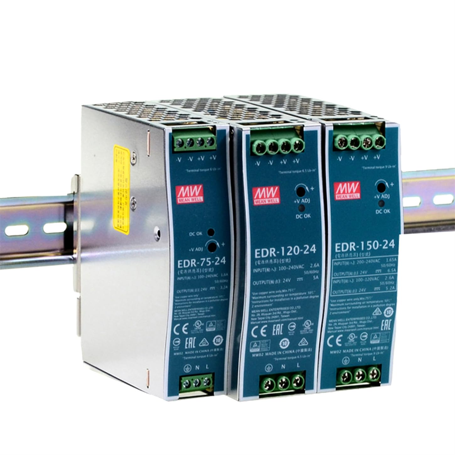 TorqCali EDR-75-24 75W 24V 3.2A Single Output Industrial DIN Rail Power Supply, Constant Current Limiting, Overload and Overvoltage Protection, -40°C to +70°C Operating Temperature