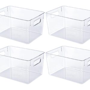 JollyPack 4 Pack Clear Plastic Storage Bins, Pantry Organizers and Storage with Handles, Clear Storage Containers for Fridge, Kitchen, Cabinet, Bathroom and Office