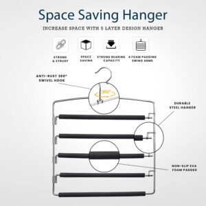 HOUSE DAY Magic Pants Hangers Space Saving, 2 Pack Metal Closet Organizer, Multiple Hangers with Padded Swing Arm, 5 Tier Non Slip Pant Hanger for Pants, Jeans, Leggings, Slacks (Black)