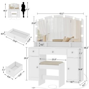 Vanity Desk with Triple Folding Mirror, Makeup Vanity with Power Outlet, Vanity Desk with 10 Lights, 3 Drawers & 2 Cabinets, Makeup Vanity Table with Soft Cushioned Stool for Women, Bedroom, White