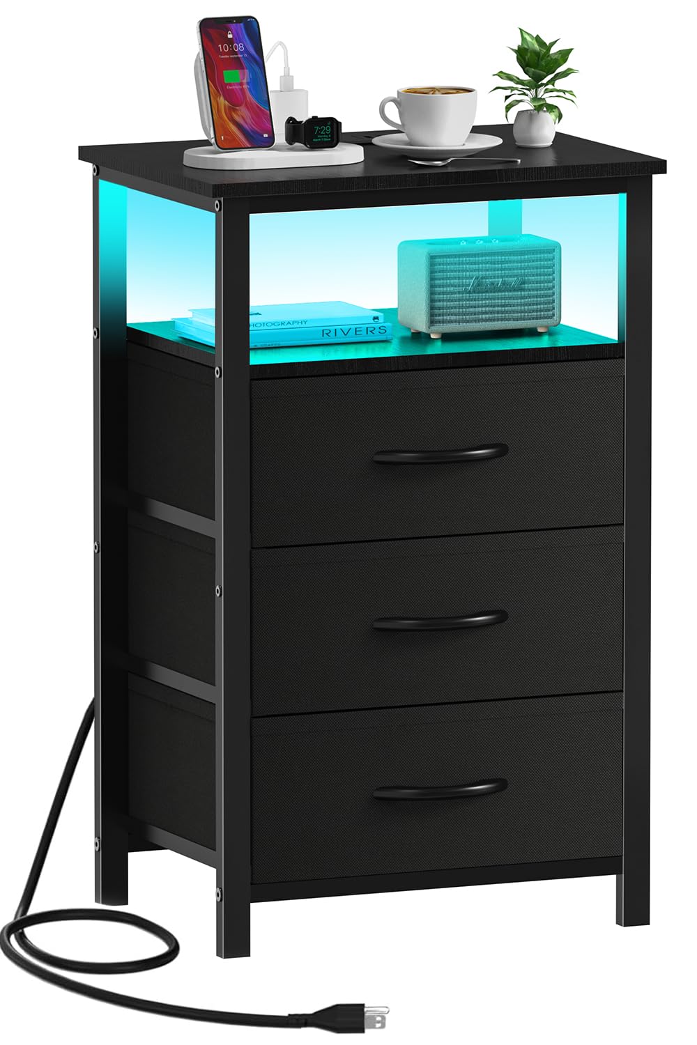 Kinembold Nightstand with Charging Station, Bedside Table LED Night Stand with USB Ports and Outlets, End Table with 3 Fabric Drawers and Storage Shelf, Night Stands for Bedroom (Black)