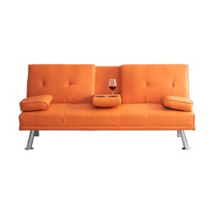 faux leather convertible folding futon sofa bed with 2 cup holders, sleeper couch bed with removable armrests, metal legs, upholstered loveseat for living room, apartment, dorm, office (orange)