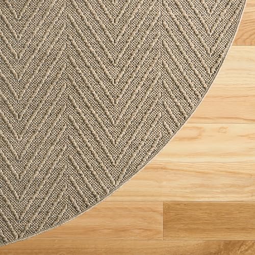 TOWN & COUNTRY BASICS Pax Herringbone Textured Solid Everwash® Washable Area Rug, Low Pile, Non-Slip Backing, Easy Clean Pet & Family Friendly Rug, Brown, 8' Round