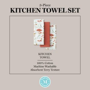 Martha Stewart Autumn Harvest Mushroom Plaid Kitchen Towel 3-Pack Set, 100% Cotton with Absorbent Terrycloth, Decorative Kitchen Towels, Burnt Orange/Green/White, 16"x28"