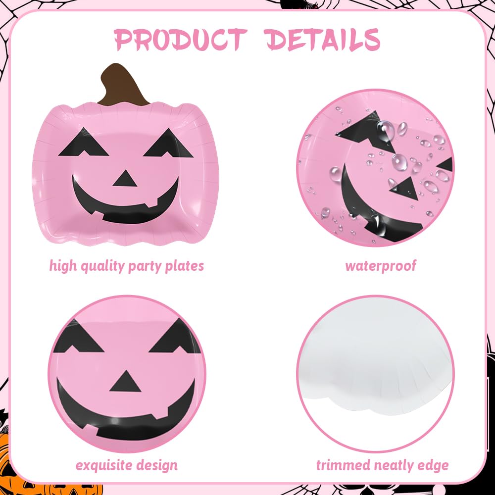 AIBIIN Pink Halloween Party Decorations for Girl Pumpkin Paper Plates Halloween Tableware Popcorn Box Balloons Set Halloween Baby Shower Booday Party Supplies Halloween Girls Night Party Decorations