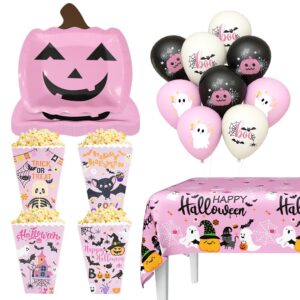 aibiin pink halloween party decorations for girl pumpkin paper plates halloween tableware popcorn box balloons set halloween baby shower booday party supplies halloween girls night party decorations