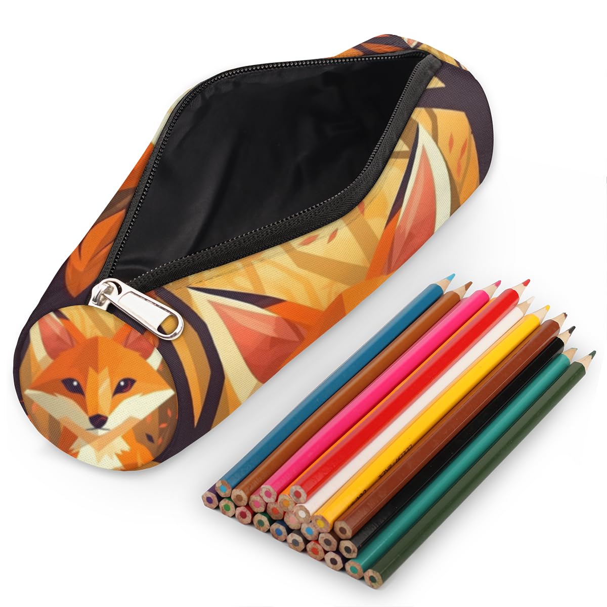 GzLeyigou Round Pencil Case Pen Bag Pouch Holder Fox Stationery Organizer Pencil Bag with Zipper Pencil Pouch Storage Box Cosmetic Organizer Makeup Brush Bag Fall Fox