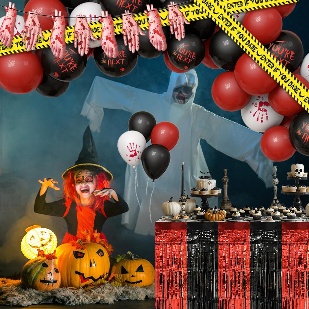 AIBIIN Halloween Balloon Arch Kit Black Red Bloody Hand Print Balloon Garland and Black Red Tableskirt Have a Killer Halloween Birthday Party Decorations Horror Scary Blood Party Supplies