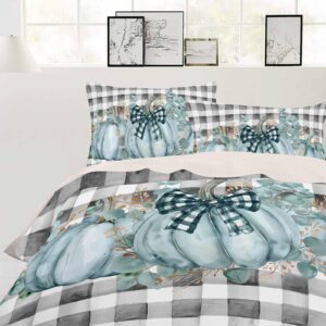 Lsrtoss Green Pumpkins Fall Thanksgiving Queen Duvet Cover Set for All Season, Black Plaid Watercolor Microfiber 3 Piece Bedding Set with 2 Pillowcases & 1 Quilt Cover, 90" W x 92" L, Queen Size