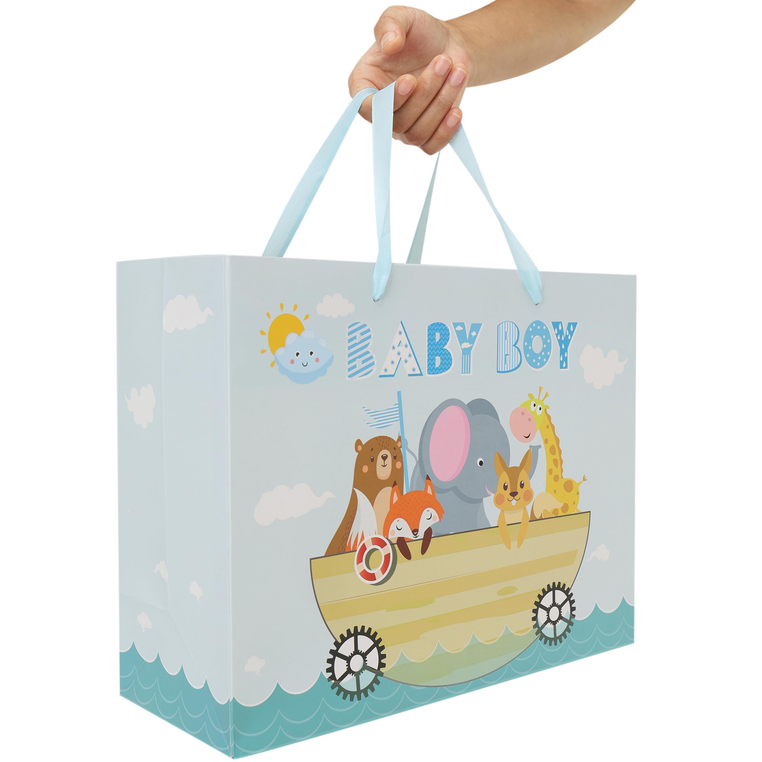 13" Large Baby Blue Gift Bag Set with Greeting Card and Tissue Paper (Animals and ‘Baby Boy’) for Baby Boy, Baby Shower, Boys' Birthday Party - 13”x5.2”x10.2”, 1 Pcs.