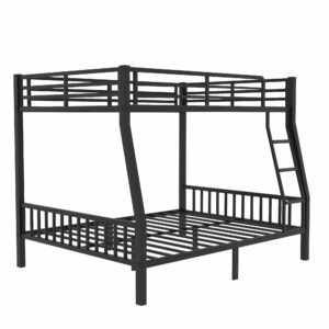 Miscoos Full XL Over Queen Bunk Beds for Adults, Heavy-Duty Metal Bunk Bed Frame with PVC Rubber Cover Ladders and Safety Full-Length Guardrails for Kids Teens Adults, Space-Saving, Black