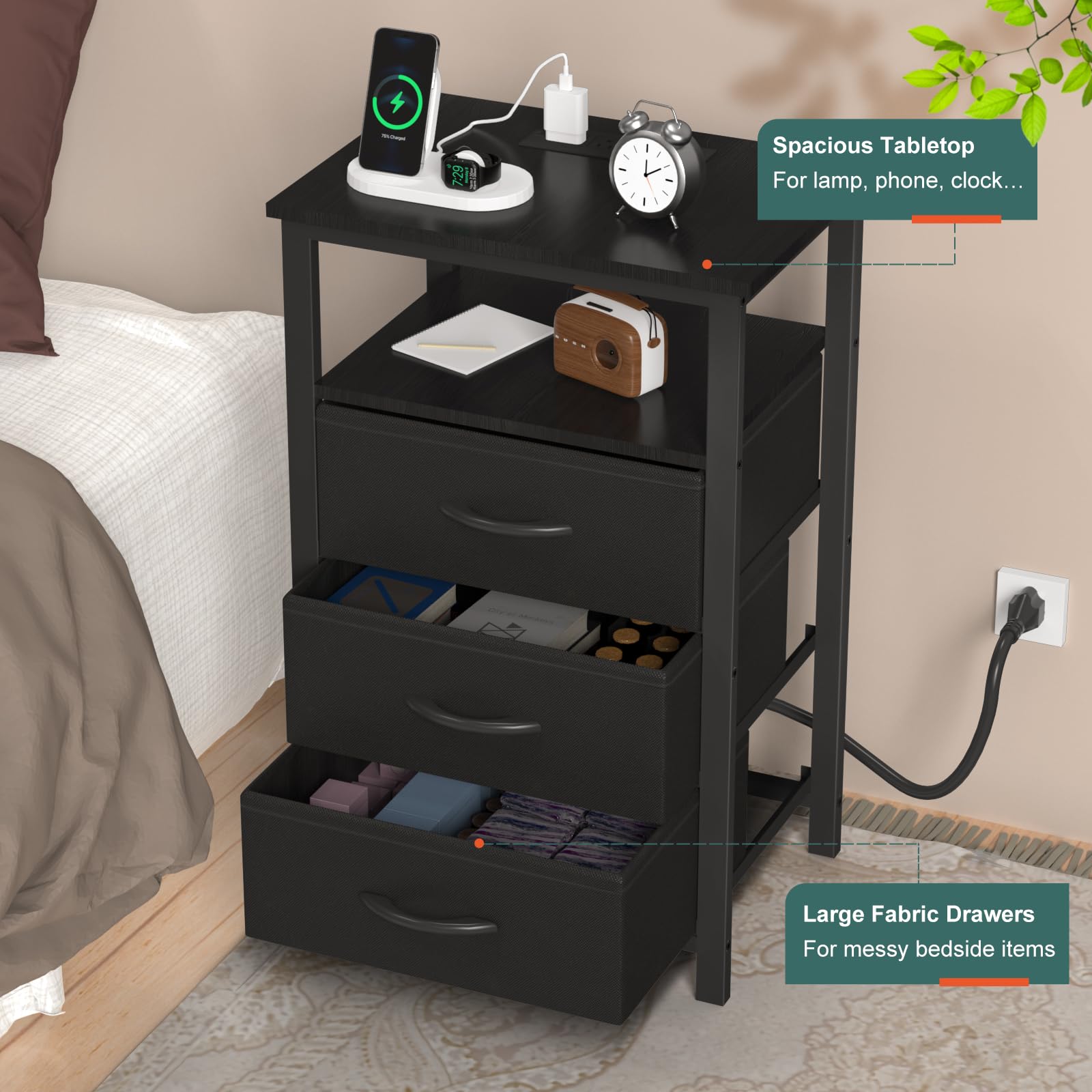 Kinembold Nightstand with Charging Station, Bedside Table LED Night Stand with USB Ports and Outlets, End Table with 3 Fabric Drawers and Storage Shelf, Night Stands for Bedroom (Black)