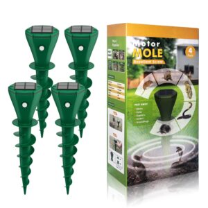 solar powered mole repellent for lawns 4 pack, ip65 waterproof mole trap gopher repellent, noiseless design vibration stakes, repel outdoor groundhogs snakes gophers moles voles armadillo