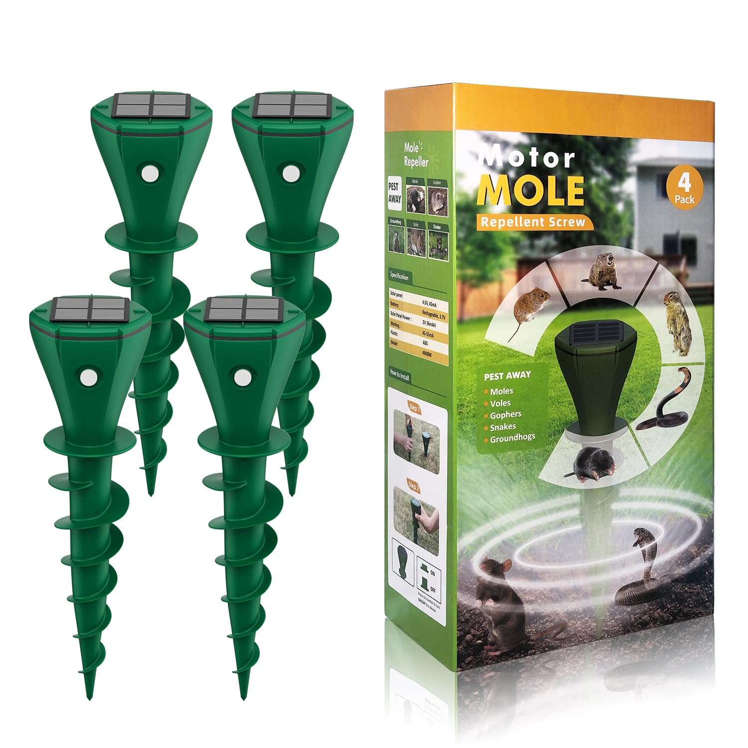 Solar Powered Mole Repellent for Lawns 4 Pack, IP65 Waterproof Mole Trap Gopher Repellent, Noiseless Design Vibration Stakes, Repel Outdoor Groundhogs Snakes Gophers Moles Voles Armadillo