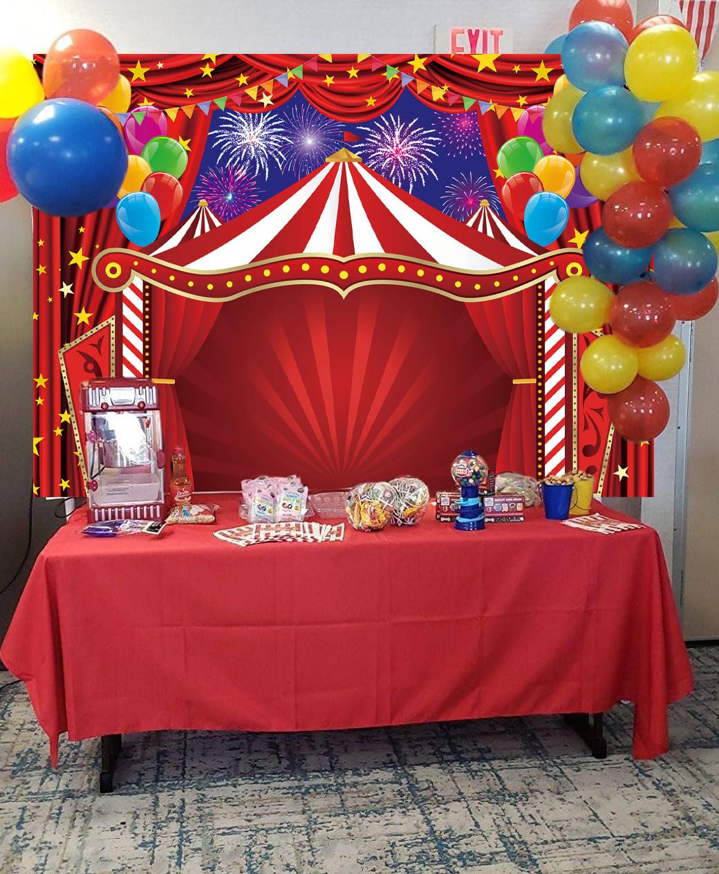 Red Circus Backdrop 7x5FT Carnival Theme Tent Photography Background Circus Amusement Park Fireworks Balloon Banner for Newborn Baby Shower Birthday Party Decorations Supplies (84x60 inch)