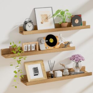 heimlove floating shelves set of 3, picture ledge shelf, 24 inch floating shelves for wall, floating shelves with lip for living room,bedroom,bookshelf,nursery-natural oak