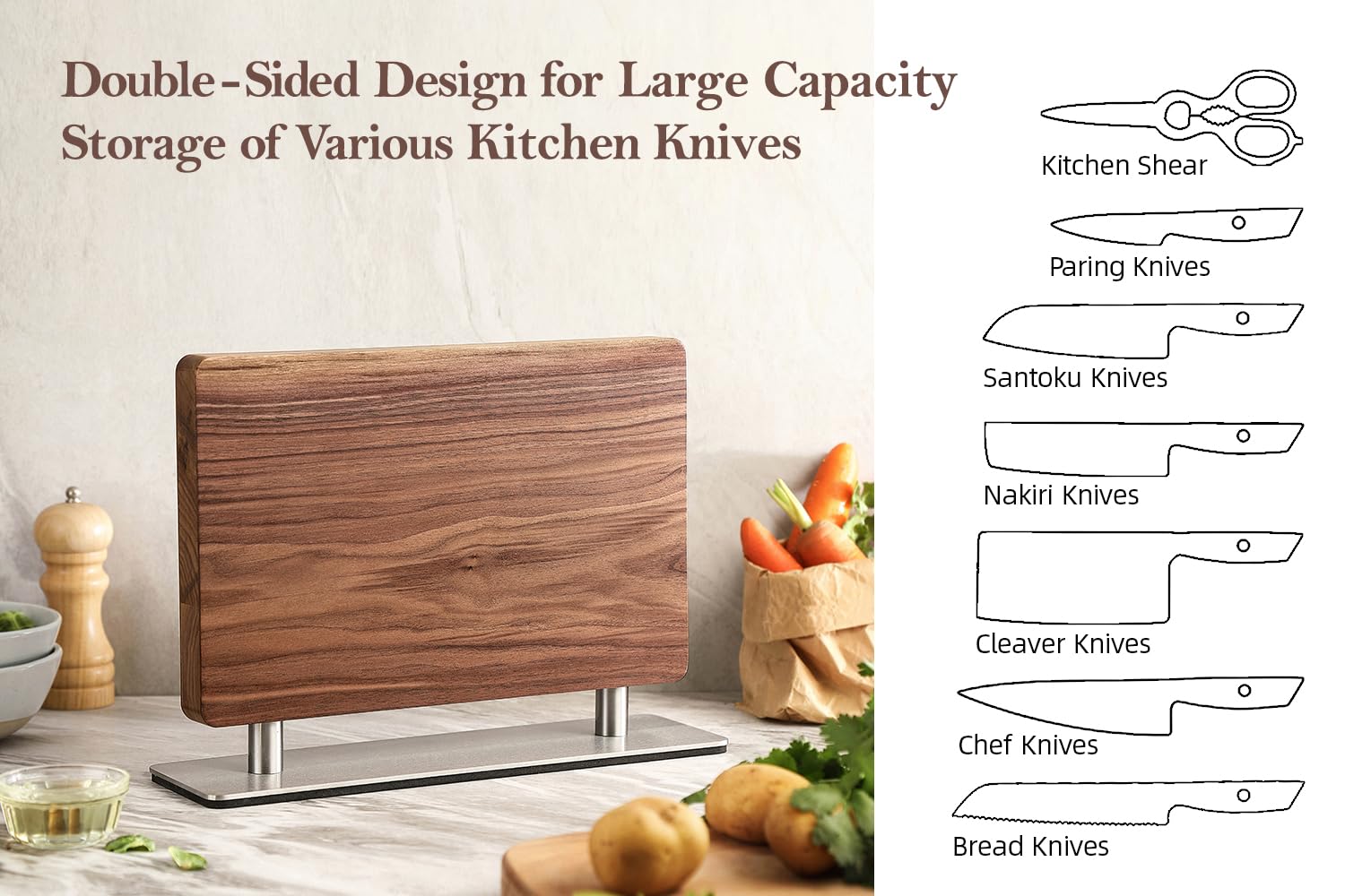 XINZUO Magnetic Knife Block,Natural Walnut Knife Holder Stand for Counter Top,with Strong Magnets,Double Sided Kitchen Knife Storage Rack