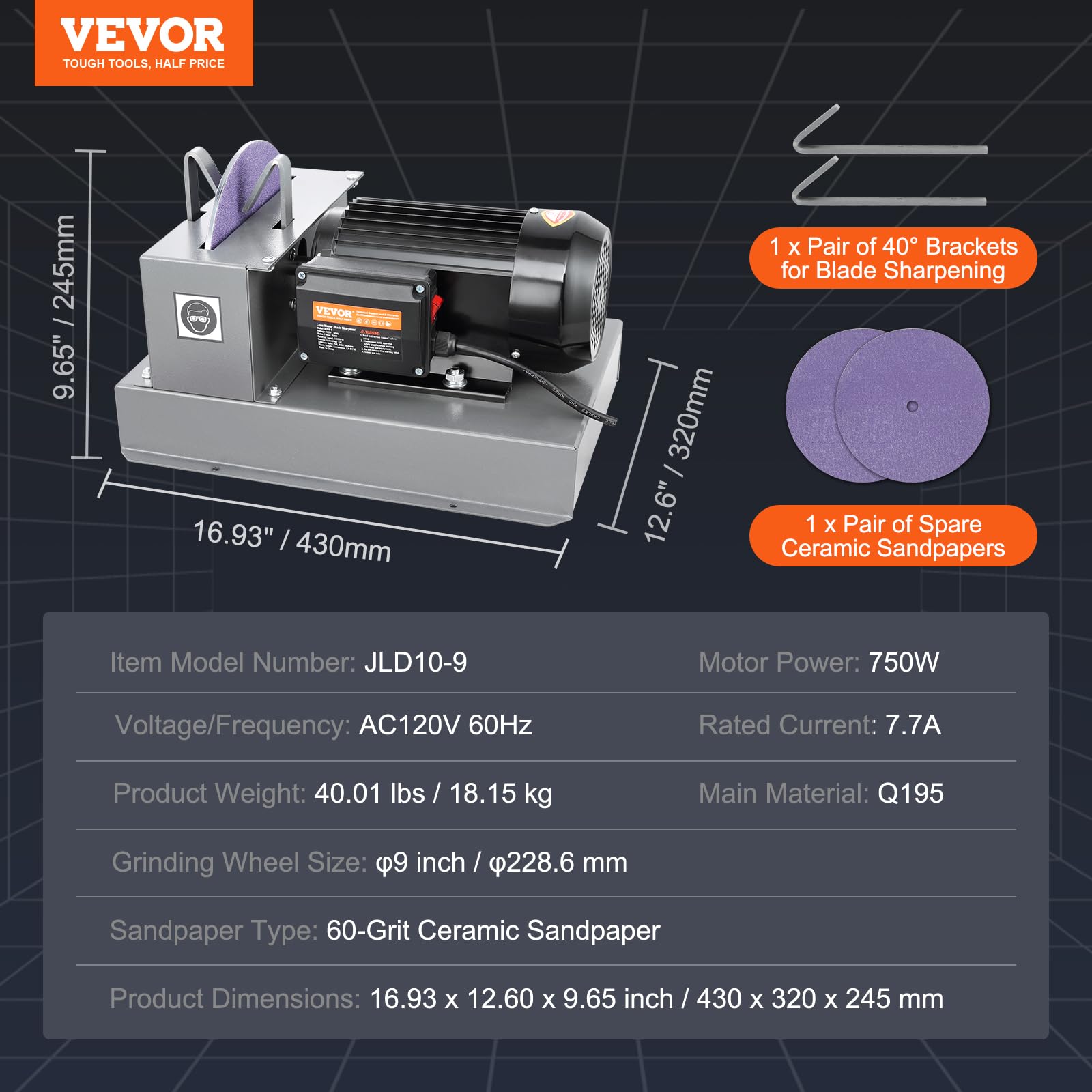 VEVOR Lawn Mower Blade Sharpener, 1HP 750W Lawnmower Blade Grinder with 9-inch Ceramic Grinding Wheel, Powerful Bench Mower Sharpening Machine for High/Low Lift Blades, Gator Blades, Flat Blades