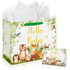 baby shower paper bag hello baby large gift bag woodland animals sage green baby girl boy wrapping paper with tissue paper card for baby shower birthday gender reveal party favors decorations supplies